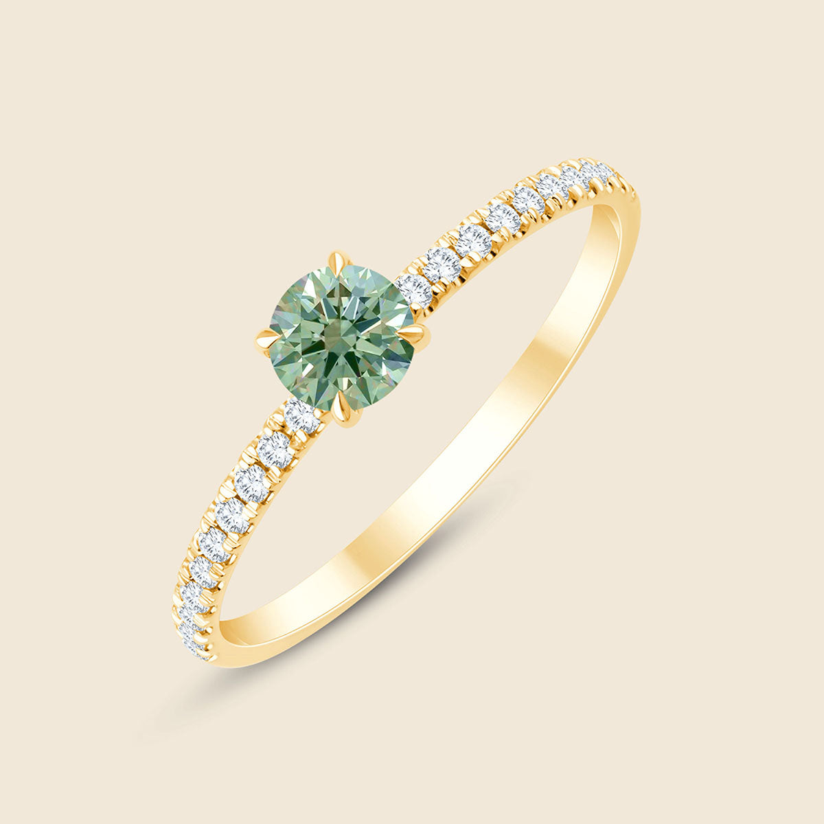 Elegant engagement ring with round-cut moss green diamond
